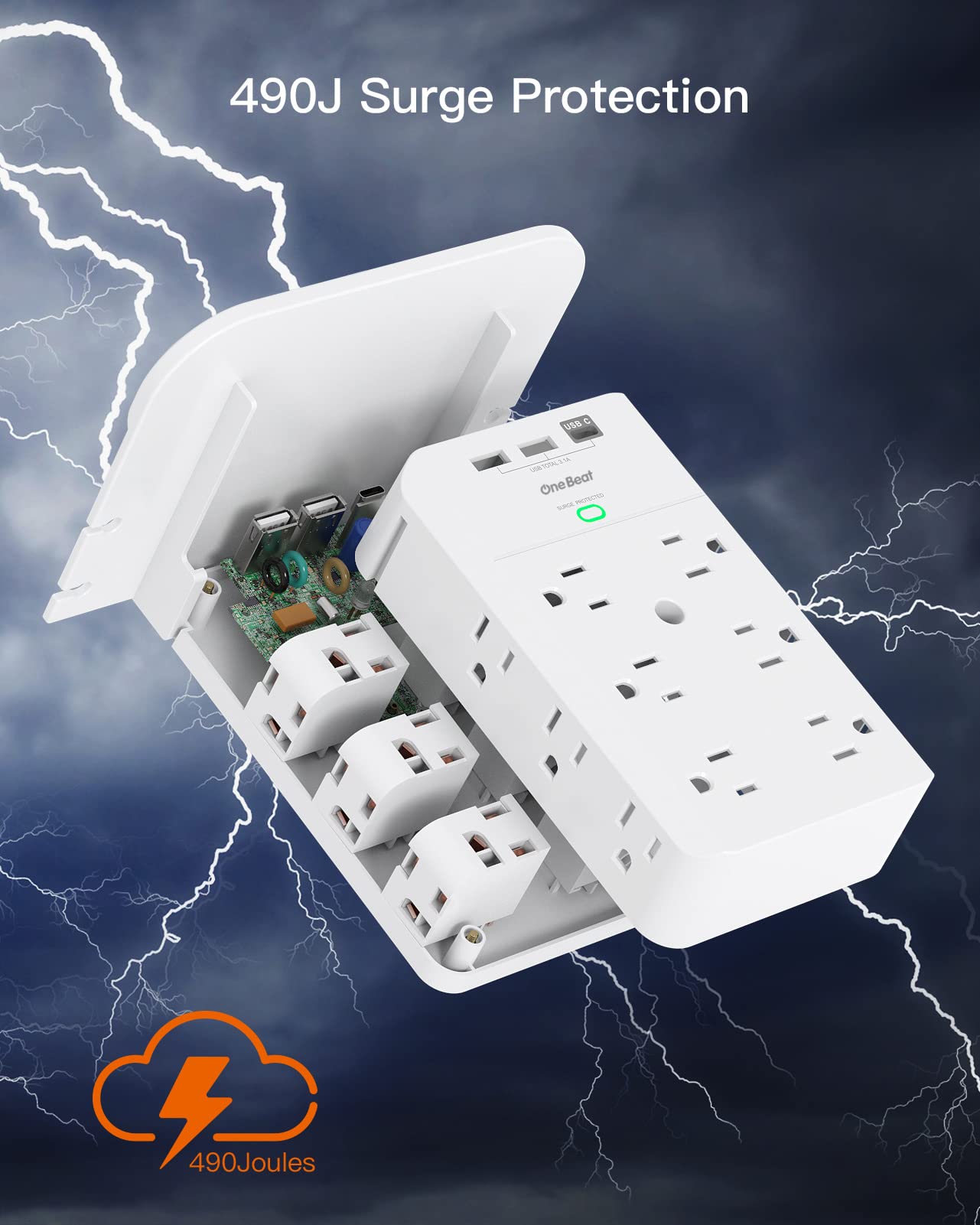 12-Plug Wall Outlet Extender with Shelf, Power Strips, Surge Protector 12 AC Outlets Multi Plug , 3 USB Ports (1 USB C Port) Expander for Home, Office, School
