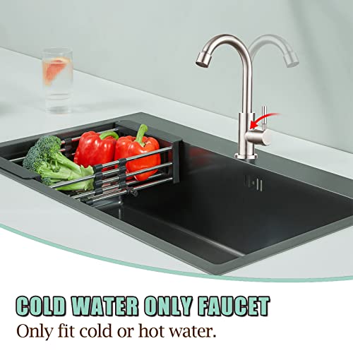 Cold Water Only Kitchen Faucet Brushed Nickel Single Handle 1 Hole 360 Degree Swivel Spout Deck Mount High Arc SUS304 Stainless Steel Sink Bar Tap Goose Neck with Hose(Drain Not Included)