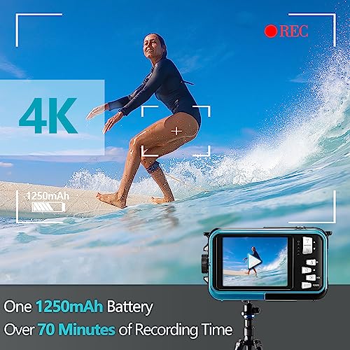 4K Waterproof Camera 11FT Underwater Camera with 32GB Card 48MP Autofocus Selfie Dual-Screen Underwater Cameras for Snorkeling, Waterproof Compact Digital Camera 1250mAh Battery(Blue)