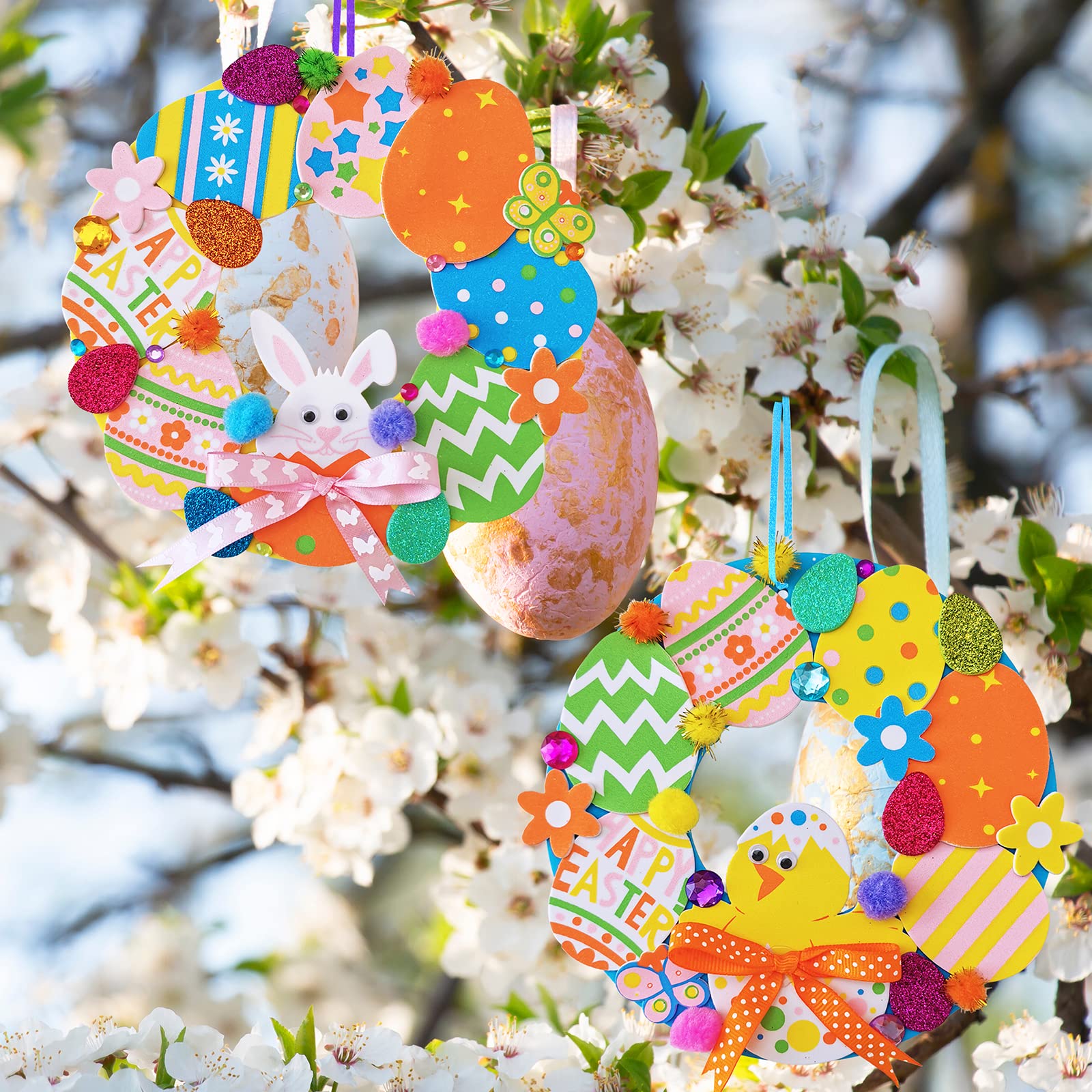 12 Sets Easter Wreath Signs Decorations DIY Foam Easter Craft Kits Easter Eggs Bunny Chick Foam Stickers Pom-Poms Googly Eyes for Kids Classroom Home Activity Art Project Gift Easter Front Door Décor