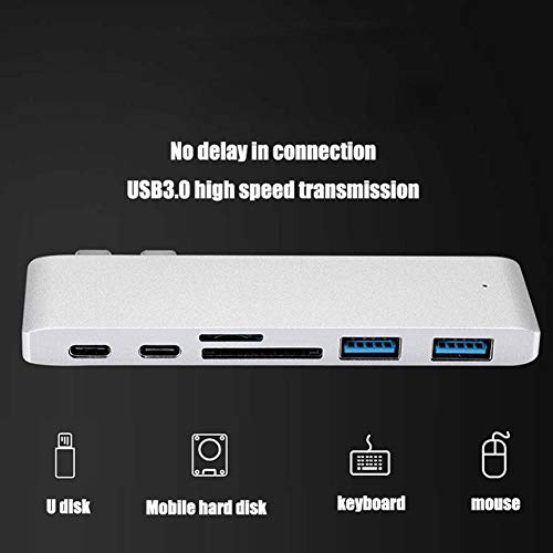 XUNMAIFHB Portable Docking Station,Double Head Type-c HUB to hdmi 4k hub + Card Reader + Type-c Docking Station Lightning 3 Interface Fast Transmission, Silver