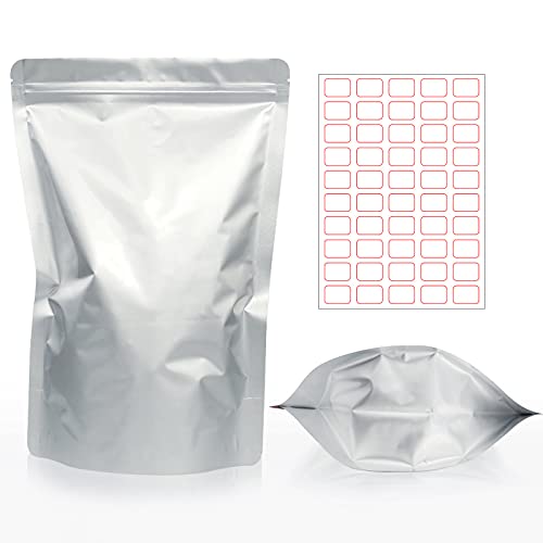 50 PCS(8x12 inch)Stand Up Mylar Aluminum Foil Bags, Silver Resealable Smell Proof Bags with Label sticker,Family Daily life for Food long-term Storage Coffee,Tea,Cereal