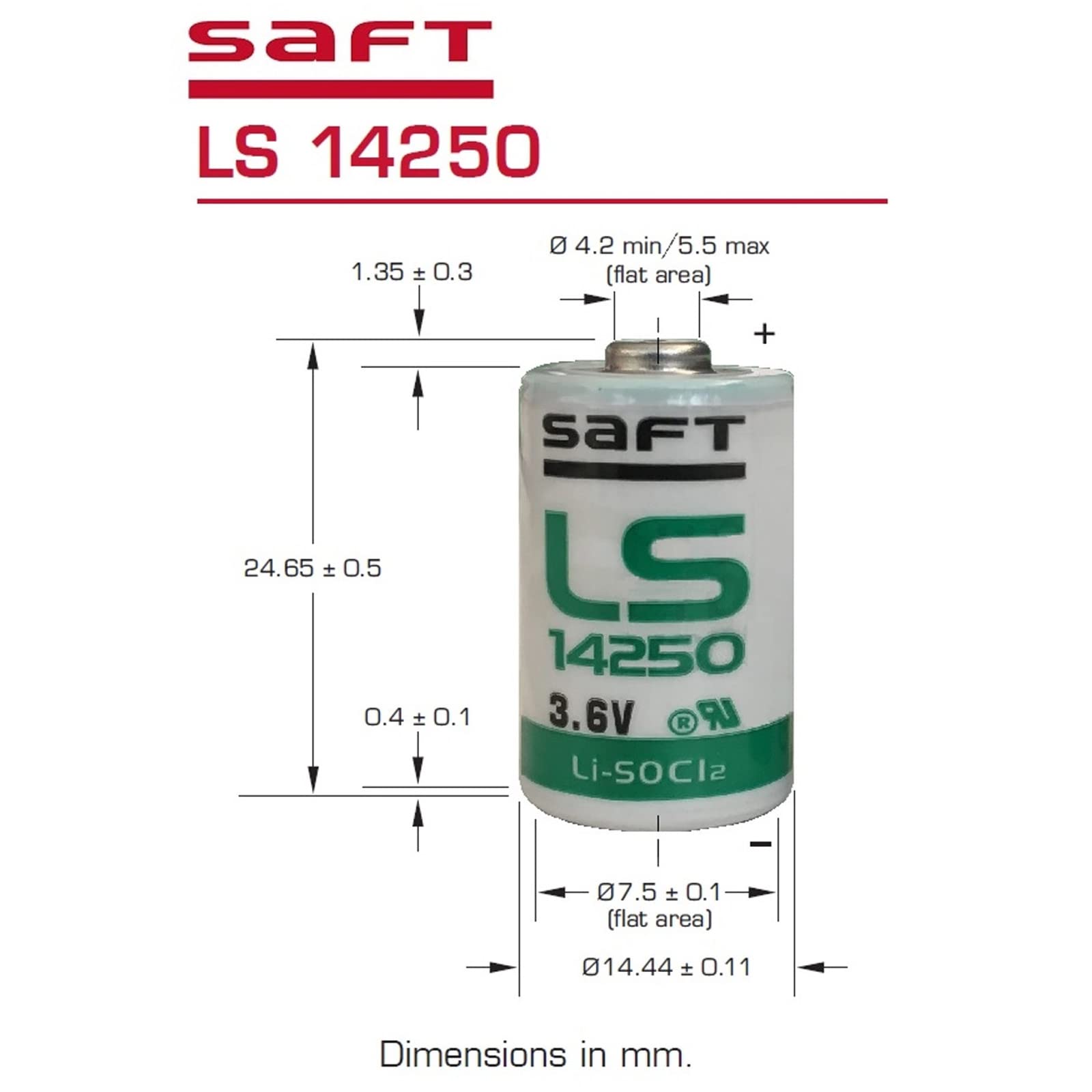 10x SAFT LS14250_WIRE 1/2AA 3.6V 1200mAh Lithium Cell for Smart Utility Metering, Flashlights, Communications, Smart Munitions, Unattended Sensors, RFID Tracking, MFG PN: 700053 NSN: 6135-01-669-4691