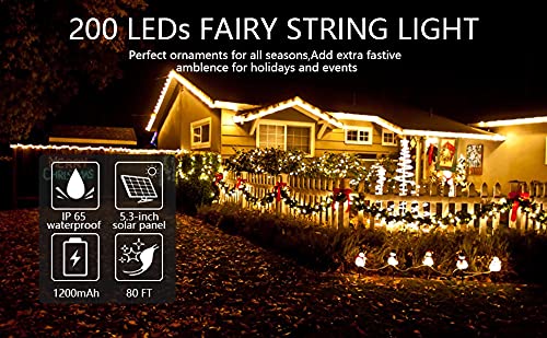 1001 LIGHTSUPPLY LIMITED Solar Fairy Lights Outdoor Waterproof 66ft 200 LED Solar String Lights Warm White, Silver Wire 8 Modes Solar Christmas Lights for Patio Wedding Party Tree Garden Decoration