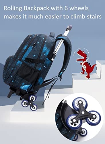 3Pcs Boys Galaxy Rolling Backpack Wheeled School Bag Kids 6 Wheels Trolley Bookbag Carry on Luggage with Lunch Bag