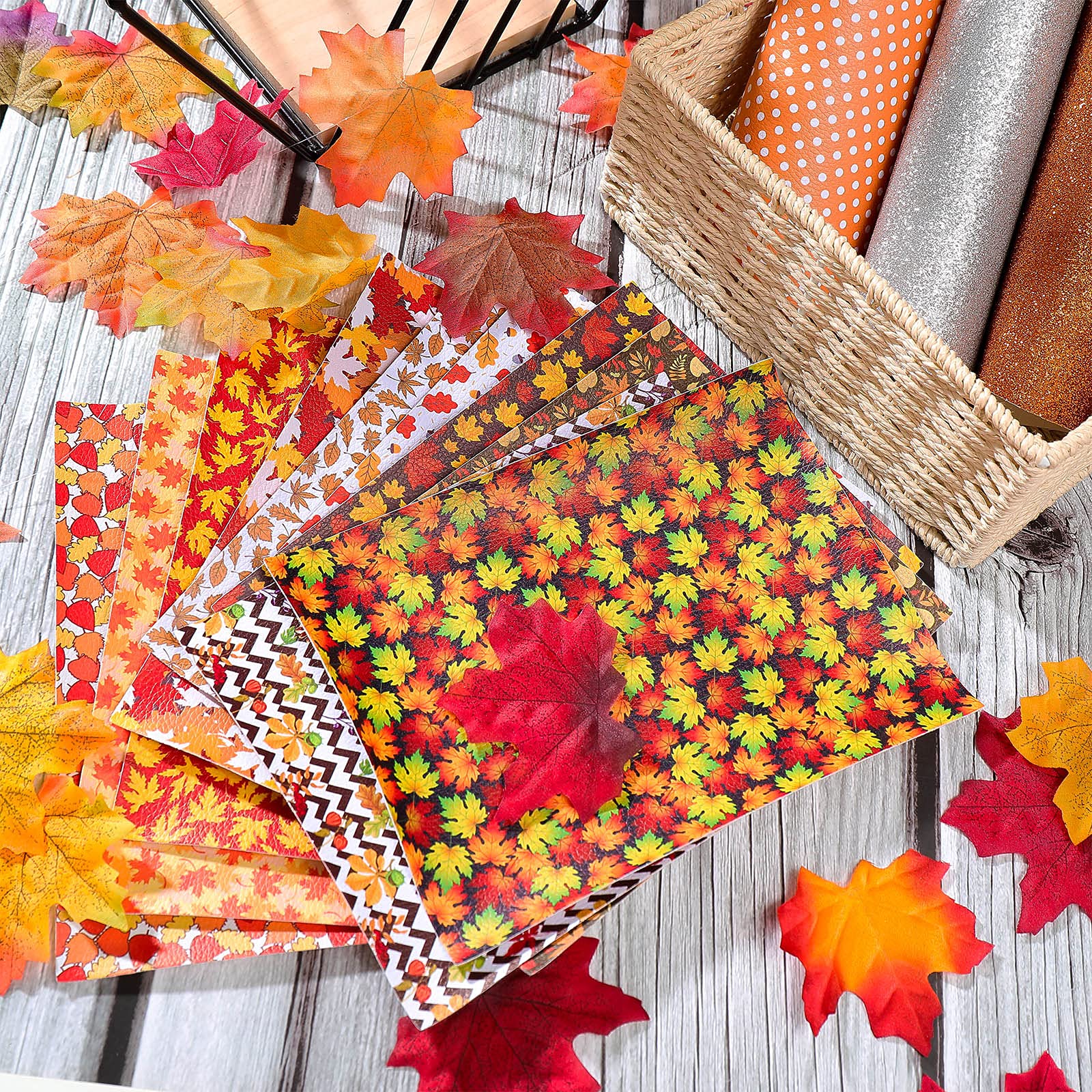 15 Pieces Thanksgiving Fall Faux Leather Sheets Glitter Autumn Leather Sheets Plant Leather Fabric Sheets Fall Leaves Faux Leather Fabrics for DIY Crafts Earrings Bag Decors(Classic Style)