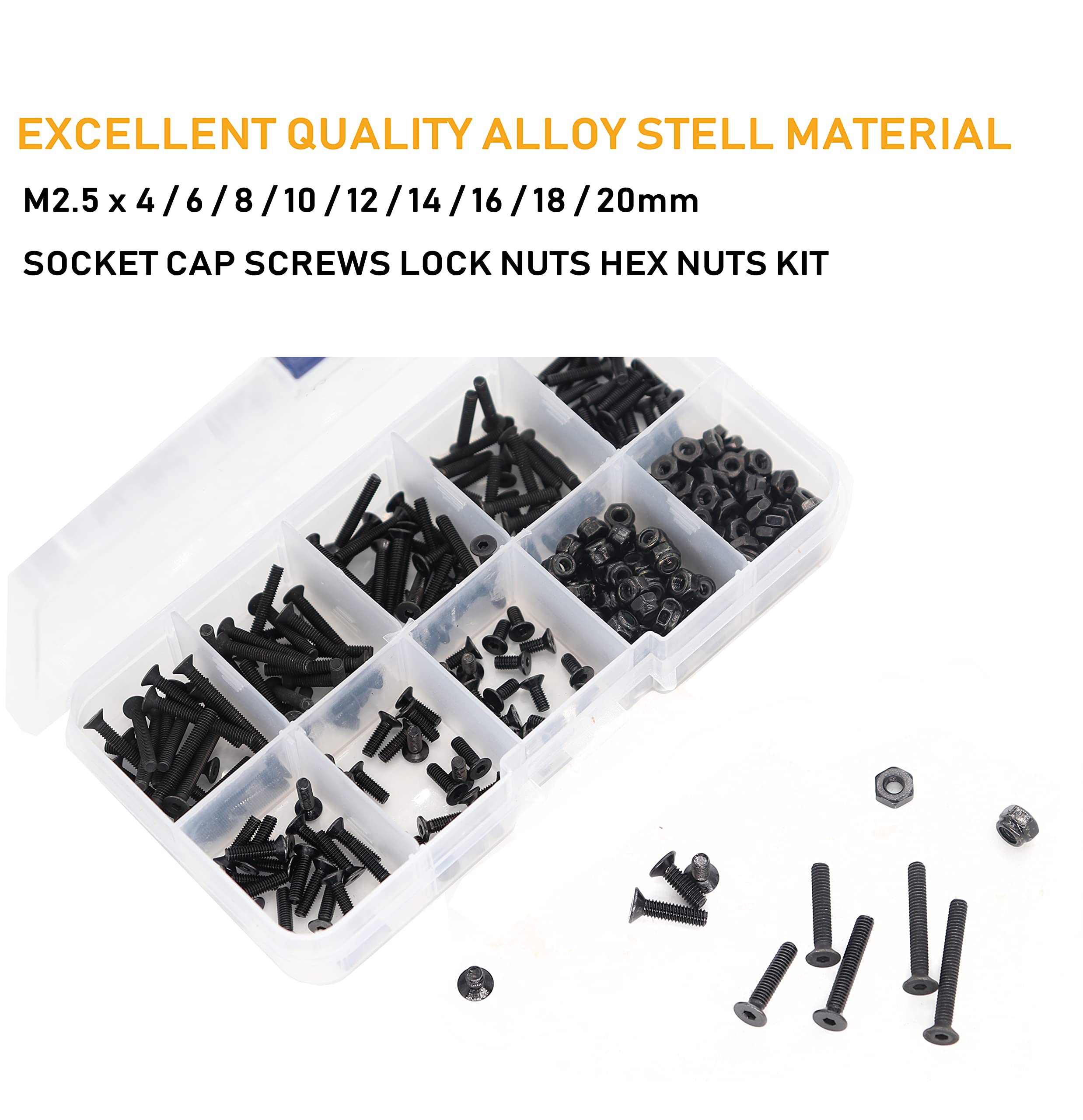 binifiMux 340pcs M2.5 Black Countersunk Flat Socket Cap Screws Hex Nuts Nylon Lock Nuts Assortment Kit 10.9 Grade Alloy Steel, M2.5 x 4mm/ 6mm/ 8mm/ 10mm/ 12mm/ 14mm/ 16mm/ 18mm/ 20mm