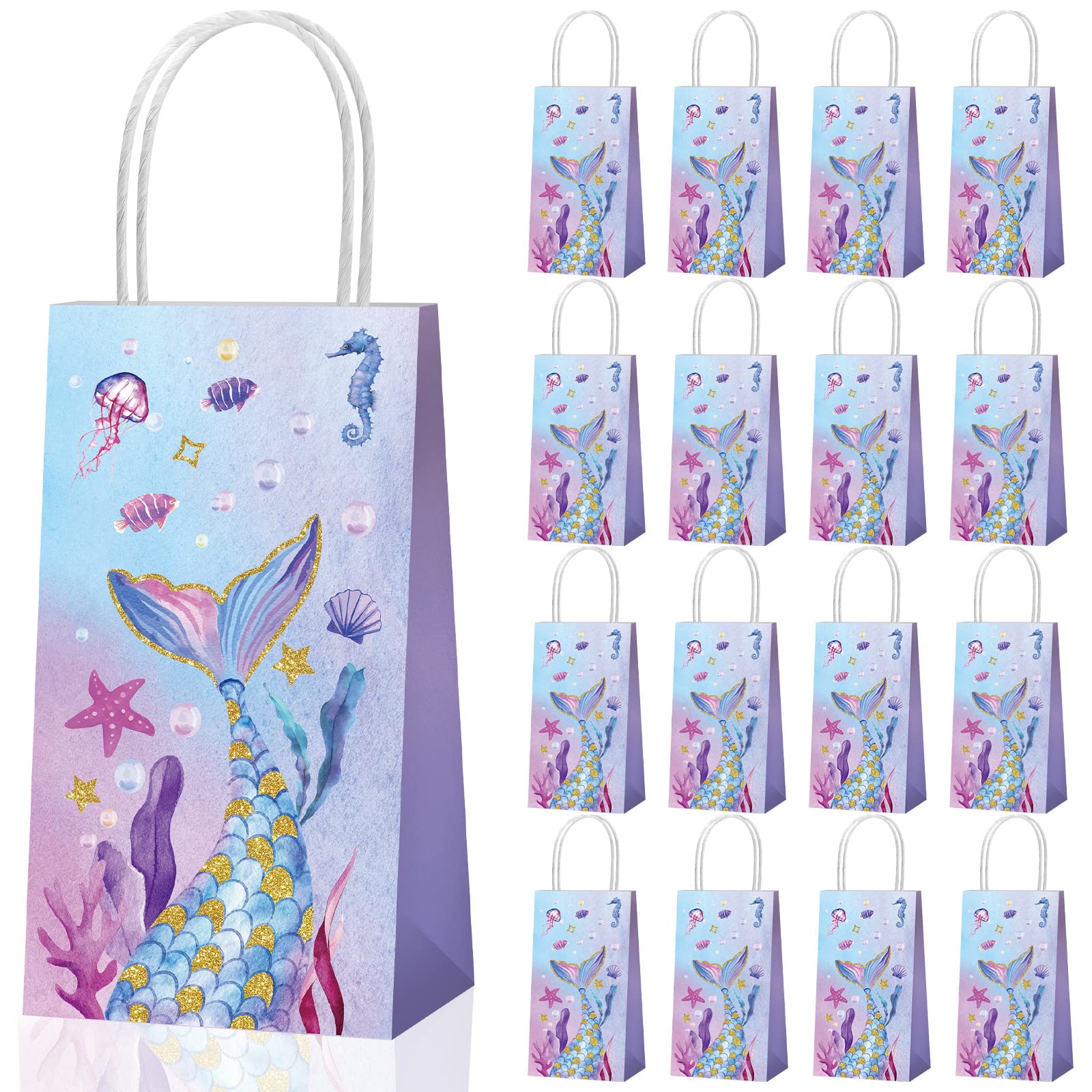 Fumete 20 Pcs Mermaid Bags Mermaid Party Bags Mermaid Goodie Bags with Handles Candy Bags Mermaid Theme Party Bags Party Favor Treat Bags for Girls Birthday Party Baby Shower(Mermaid)