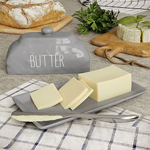 Barnyard Designs Ceramic Butter Dish with Lid for Countertop, Large Butter Holder, Butter Crock for Counter, Covered Butter Dish for Refrigerator, Farmhouse Dishes Kitchen Decor, Grey, 8" x 4"