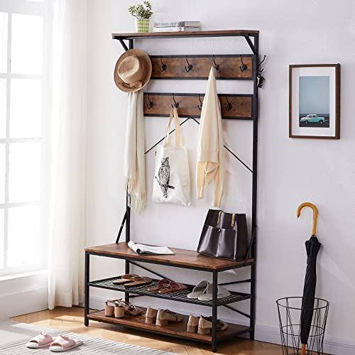 3-in-1 Entryway Coat Rack,Vintage Industrial Hall Tree 72 Inch with Storage Bench and Coat Racks Entryway Storage Shelf Organizer with 9 Hooks, Large Size, Wood Look Accent Furniture with Metal Frame