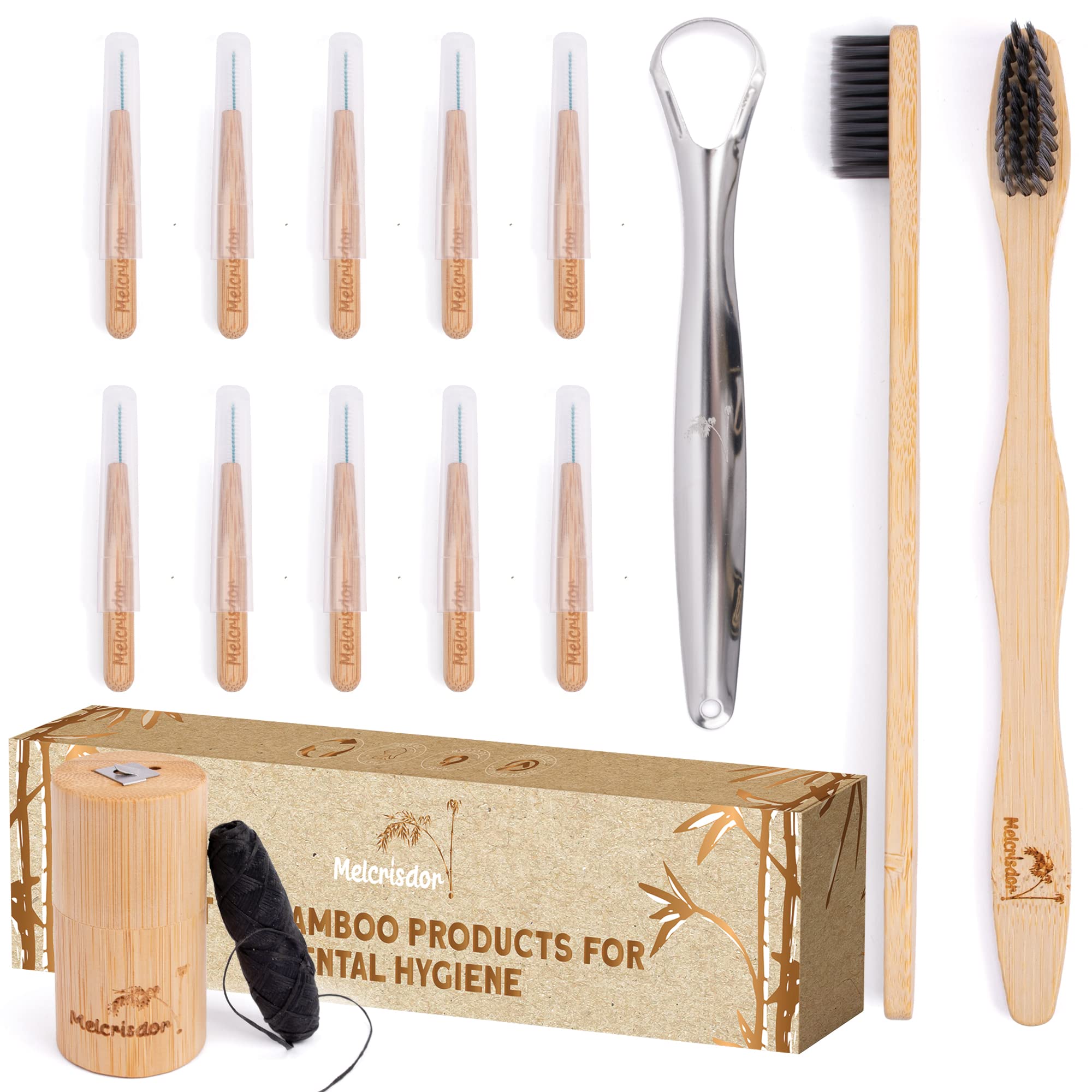 Bamboo Toothbrushes Set - Holder Charcoal Dental Floss,Interdental Brushes and Metal Tongue Scraper