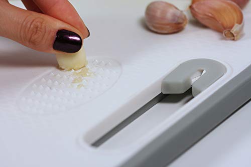 3-in-1 Plastic Cutting Board with Built-In Knife Sharpener, Garlic Grater, Raised Juice Catcher, Slip-Resistant Bottom, Non-Stick Food Prep Surface, Meat, Vegetable, Cheese