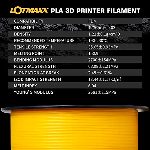 LOTMAXX PLA Filament 1.75mm PLA 3D Printer Filament, 1kg Spool (2.2lbs), Dimensional Accuracy +/- 0.03mm, Fit Most FDM Printer(Yellow)