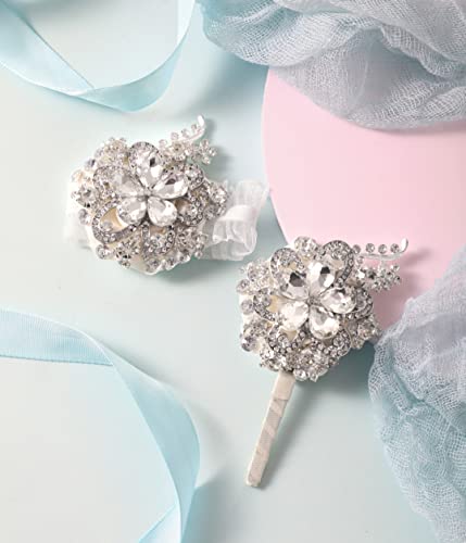 2 Pack Corsage Wristlet Luxury Dazzle Crystal Diamond Boutonniere Set Wrist*1 for bride and Corsage*1 for groom on Wedding Party