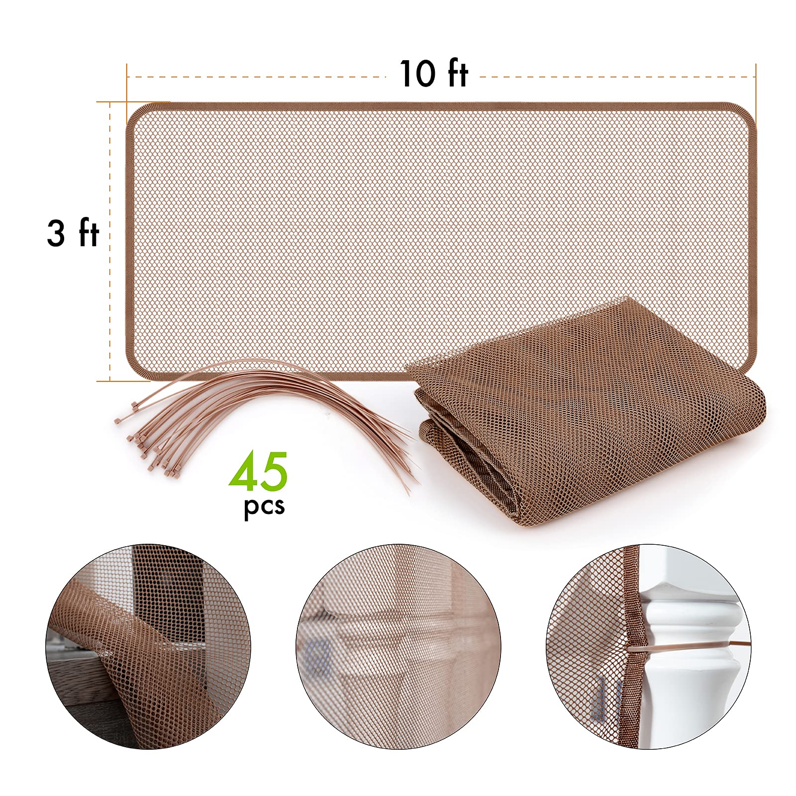 Banister Guard for Baby 10x3ft, Rail Mesh Netting for Stair, Balcony, Child Safety Net Safe Railing Barrier for Kids, Pets, Toys (10x3ft, Brown)