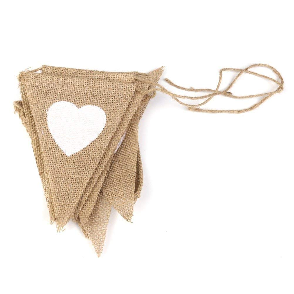 2 Sets of 13 Flags Love Heart Rustic Jute Bunting Garland Banner Burlap Vintage Hessian Pennant for Party Halloween Birthday Wedding Bridal Shower Favor Decoration (3m/9 feet)