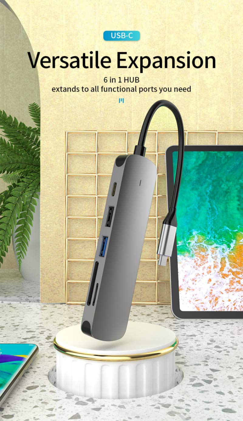 USB C hub,USB C Docking Station,6 in 1 USB C Docking Station Adapter,with 1 4K HDMI-Compatible,1 USB2.0,1 USB3.0,1 PD,SD TF Card Reader,Suitable for USB -C Type Equipment.