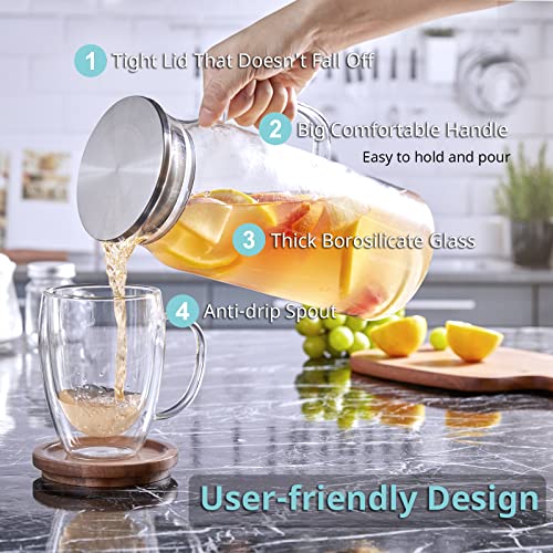 2 Liter 68 oz Glass Pitcher with Lid and Spout, Bivvclaz Glass Water Pitcher for Fridge, Glass Carafe for Hot/Cold Water, Iced Tea Pitcher, Large Pitcher for Coffee, Juice and Homemade Beverage