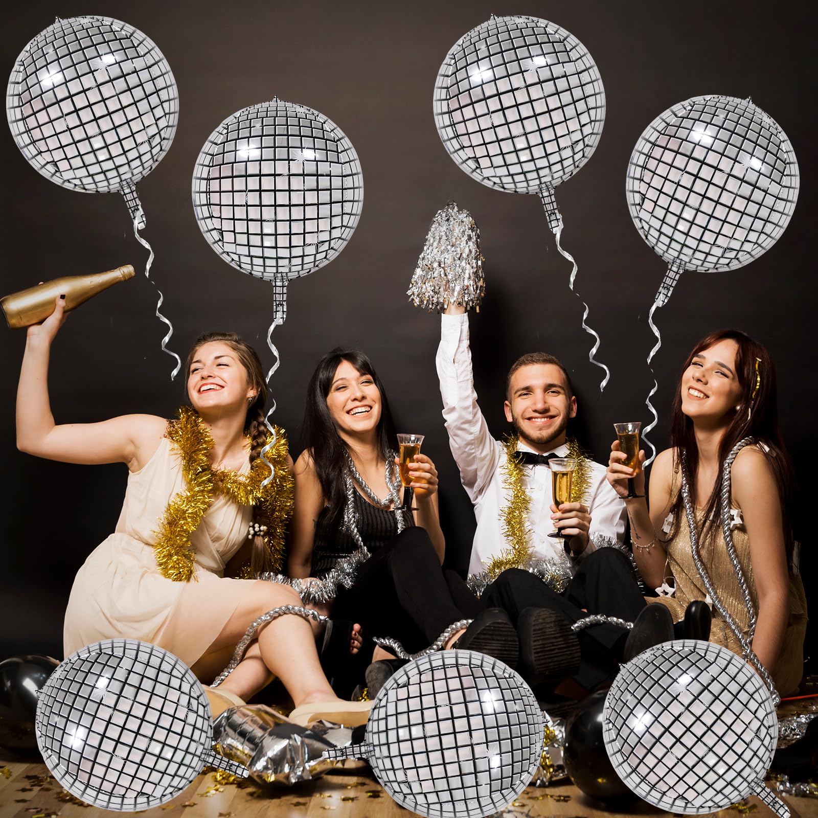 10 Pieces 22 Inches Large Silver Disco Ball Balloons - Large 4D Round Foil Mylar Mirror Balloons for Retro 70s Disco Dance Decorations Birthday Wedding Graduation Party Supplies