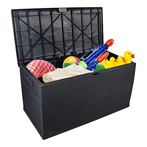 120 Gallon Large Resin Deck Box, Outdoor Organization Storage Container, Garden Storage Chest Lockable Seat for Patio Furniture, Tools (Black)