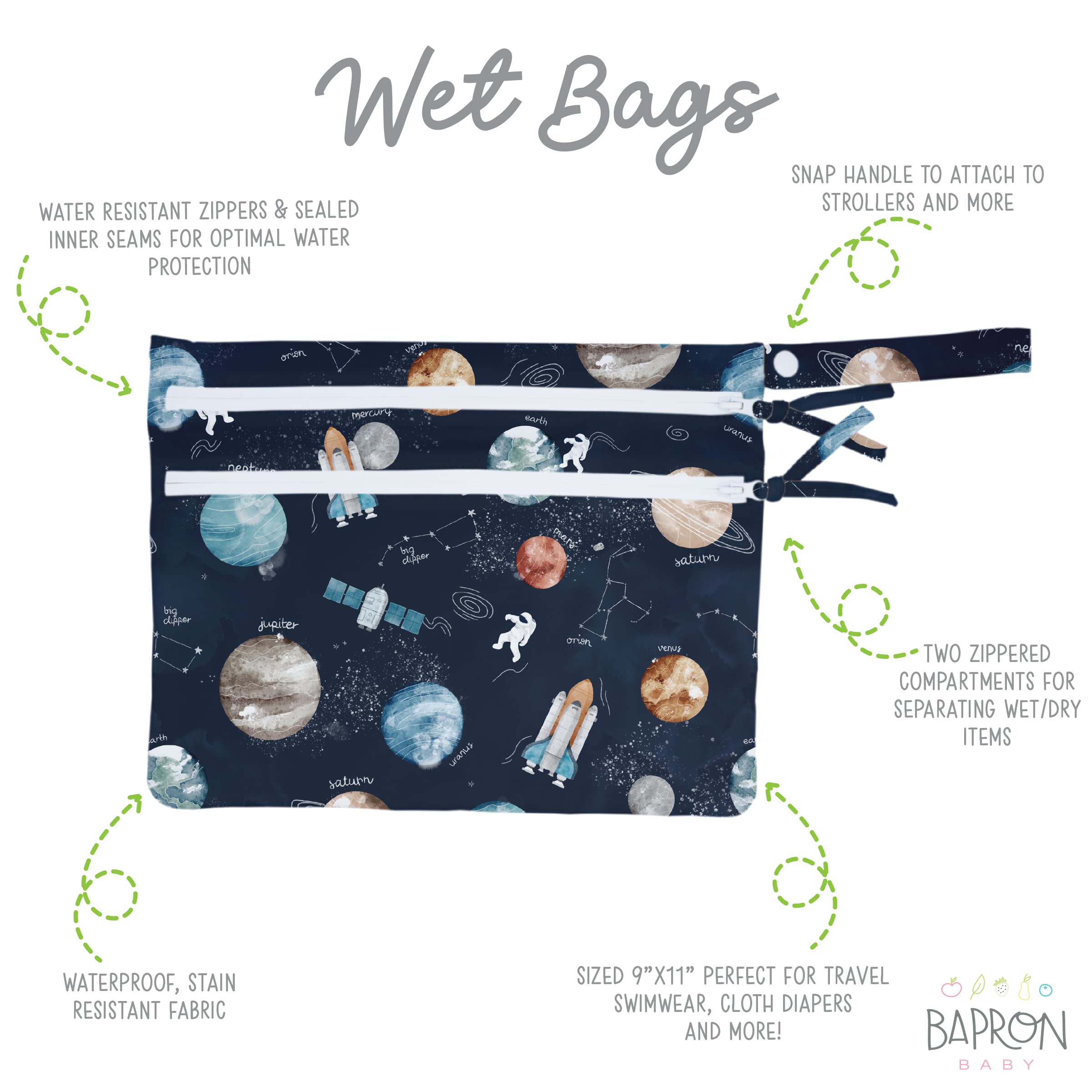 BapronBaby Outer Space Wet Dry Bag - Waterproof Two Zipper Pockets - Reusable for Mealtime, Diapers, Stroller, Snacks, Swimsuits - Machine Washable - 11" x 9"