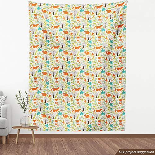 Ambesonne Cartoon Fabric by The Yard, Wild Fox Wolf with Leaves Flowers and Leafless Trees Print, Decorative Fabric for Upholstery and Home Accents, 1 Yard, Orange Green and Blue