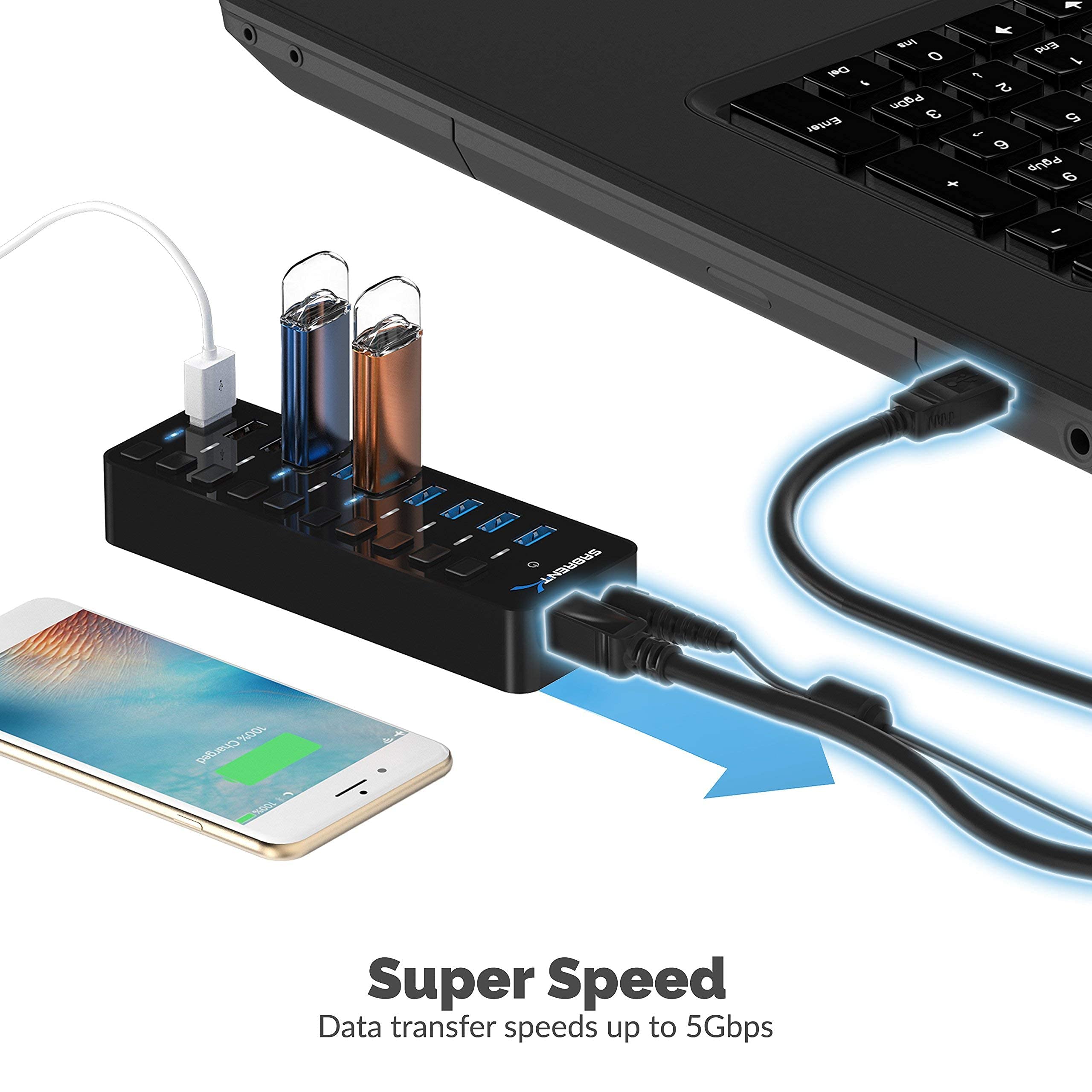 60W 10 Port USB 3.0 Hub Includes 3 Smart Charging Ports with Individual Power Switches and LEDs and 60W 12V/5A Power Adapter+USB 3.0 Micro SD and SD Card Reader
