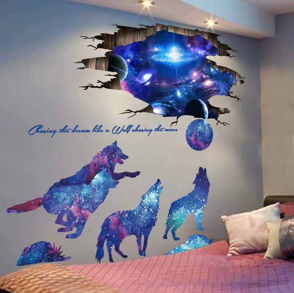 3D Blue Starry Sky Wolf Moon Wall Decals Removable PVC Magic 3D Milky Way Outer Space Planet Wall Sticker Peel Stick Home Decor for Kids Baby Bedroom Boys Girls Nursery Room Ceiling Living Room