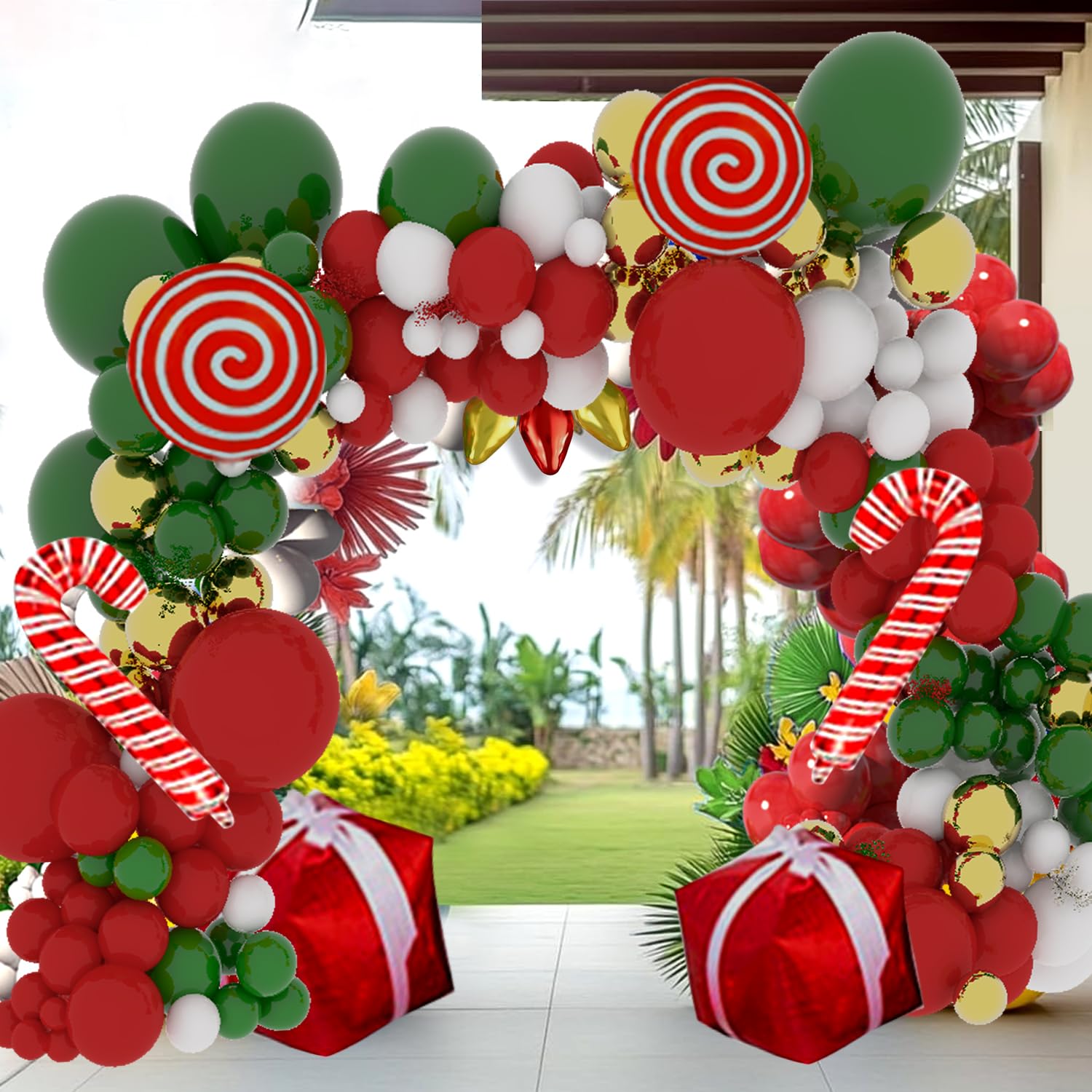 152 Pec Christmas Balloons Christmas Balloon Arch Kit , Christmas Garldand Xmas Green Red Golden White Candy Balloons Gift Box For Christmas Party Decoratives Backdrop