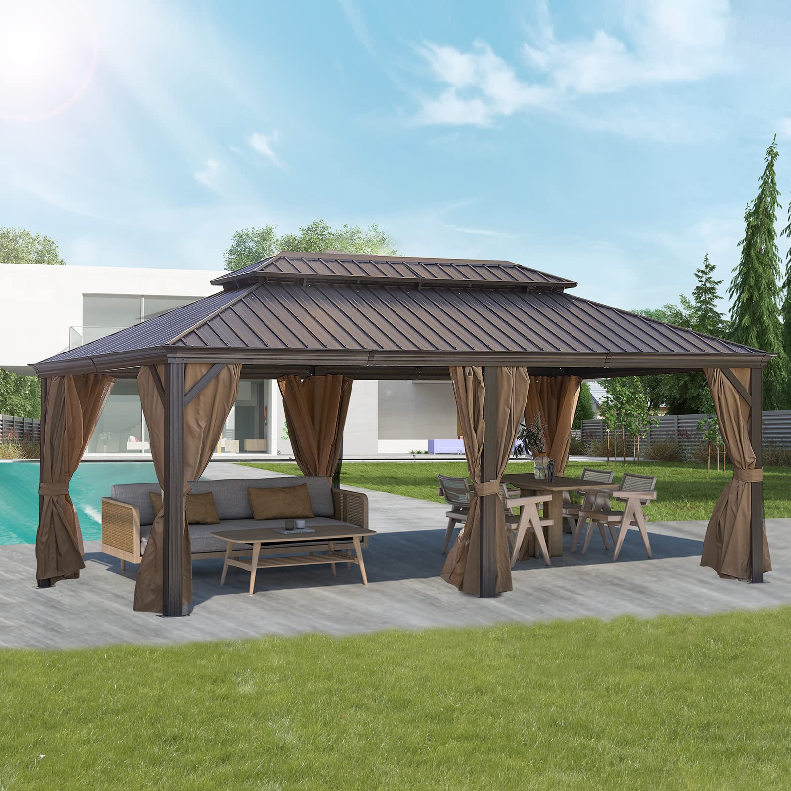 12’x 20’ Heavy Sunshade Large Metal Patio Gazebo Canopy, Permanent Gazebo with Galvanized Steel Double Roof,with Curtains and Netting for Patio, Backyard and Lawn (Wood Grain Coated)