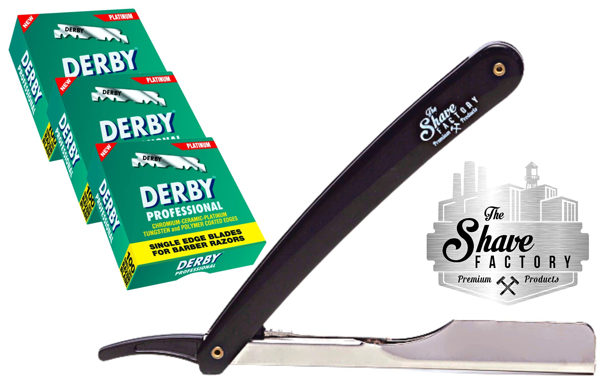 300 Derby Professional Single Edge Razor Blades comes with free Shaving Factory Straight Razor