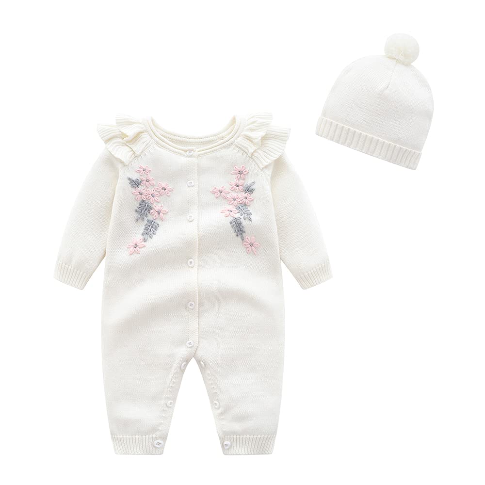 chengchuang Newborn Baby Girl Embroidered Knitted Sweater Romper Longsleeve Jumpsuit Outfit Clothes with Warm Hat Set