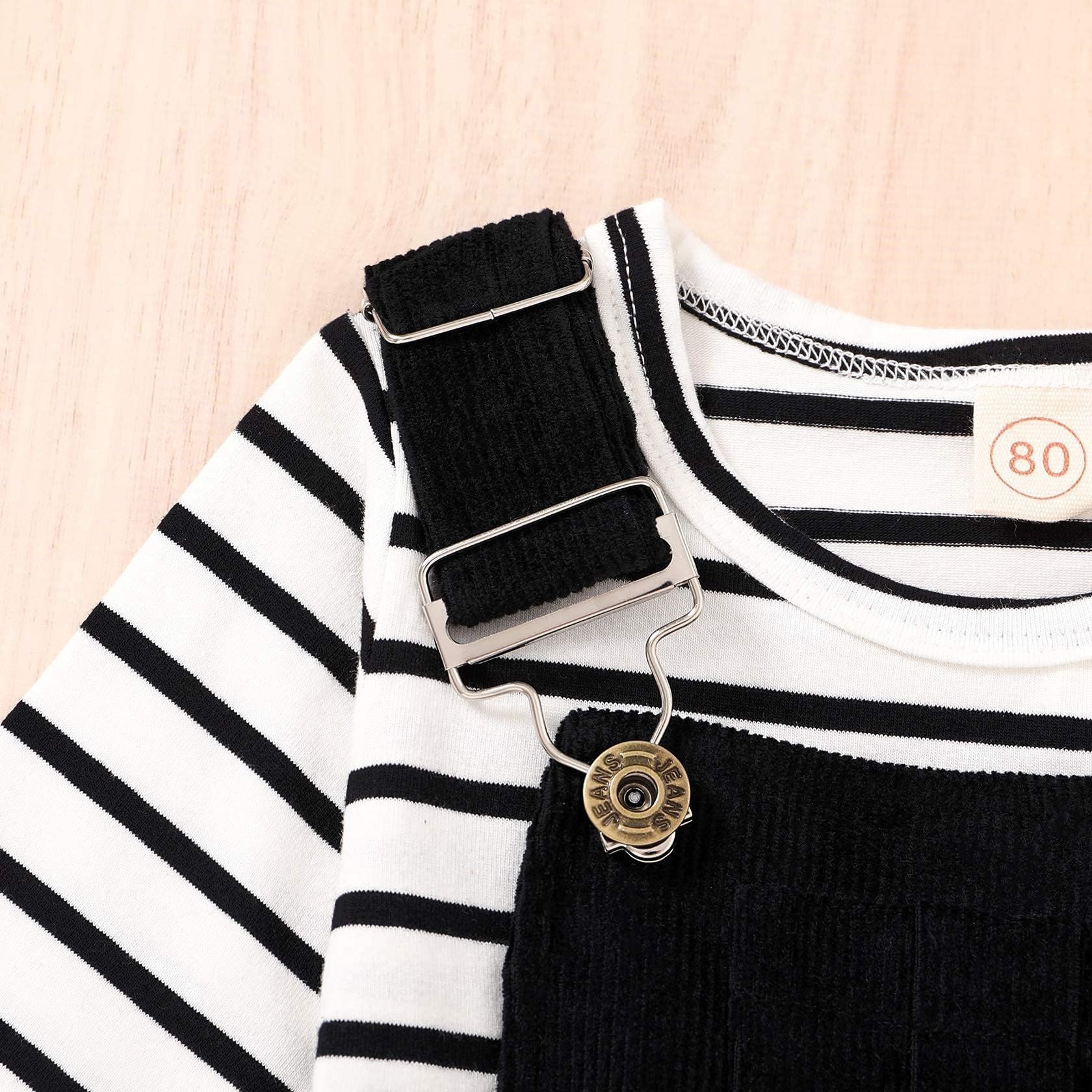 YOUNGER TREE Toddler Baby Girl Fall Outfit Long Sleeve Stripe T-shirt and Strap Dress Overall with One Pocket Clothes Sets (Black, 18-24 Months)