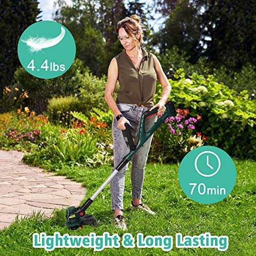 20V Cordless String Trimmer, 70min Lithium-Ion Brushless Trimmer, Yard, w/auto Feed, Extension Pole, Adjustable Head & Handle, 10β Cutting Path, 2.0Ah Battery & Charger Included