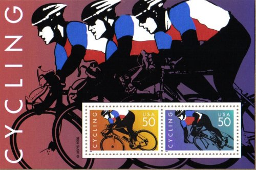 1996 CYCLING #3119 Souvenir Sheet of 2 x 50 cents US Postage Stamps