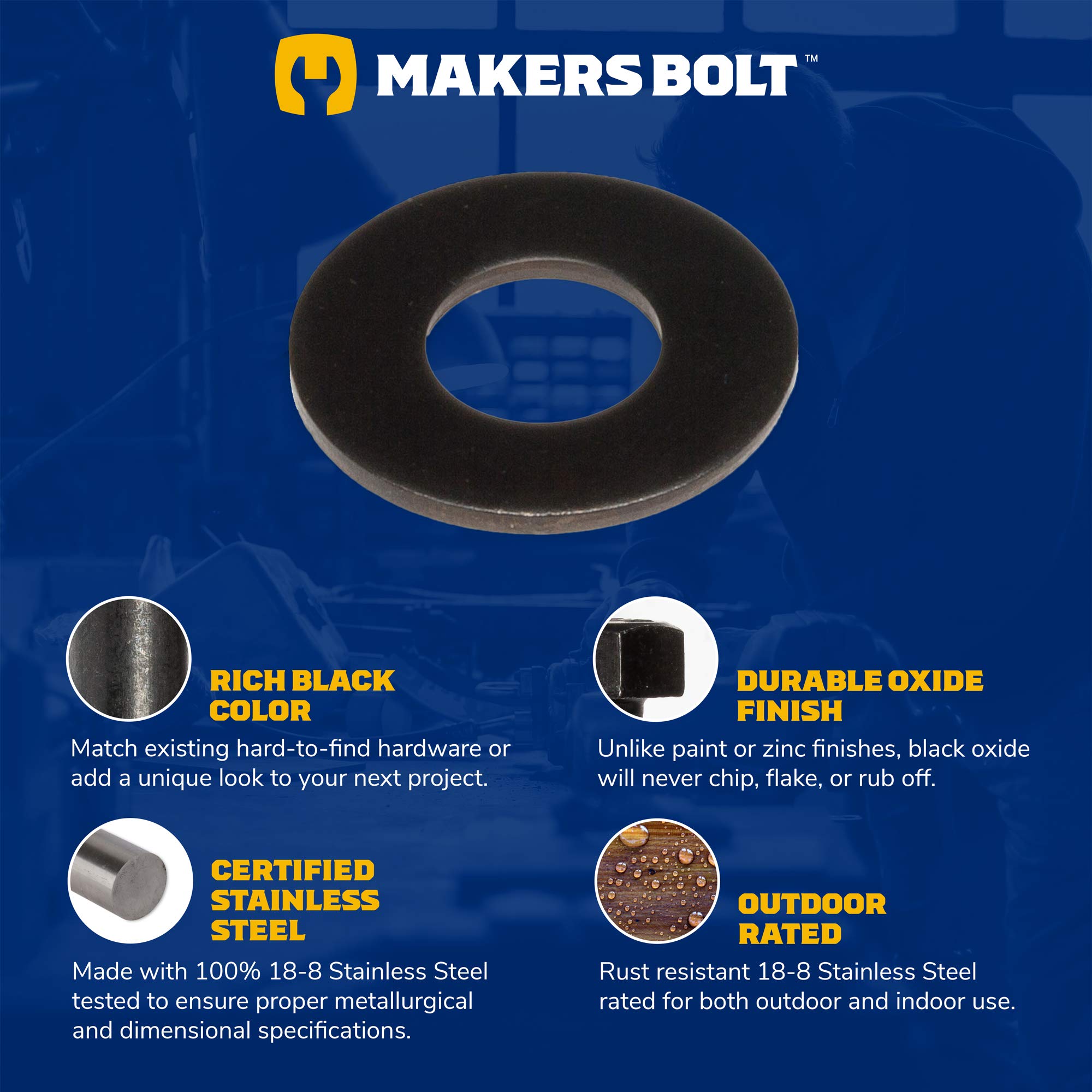 18-8 Stainless Steel 1/4" Flat Washers (100 pcs) Black Oxidized in USA by Makers Bolt