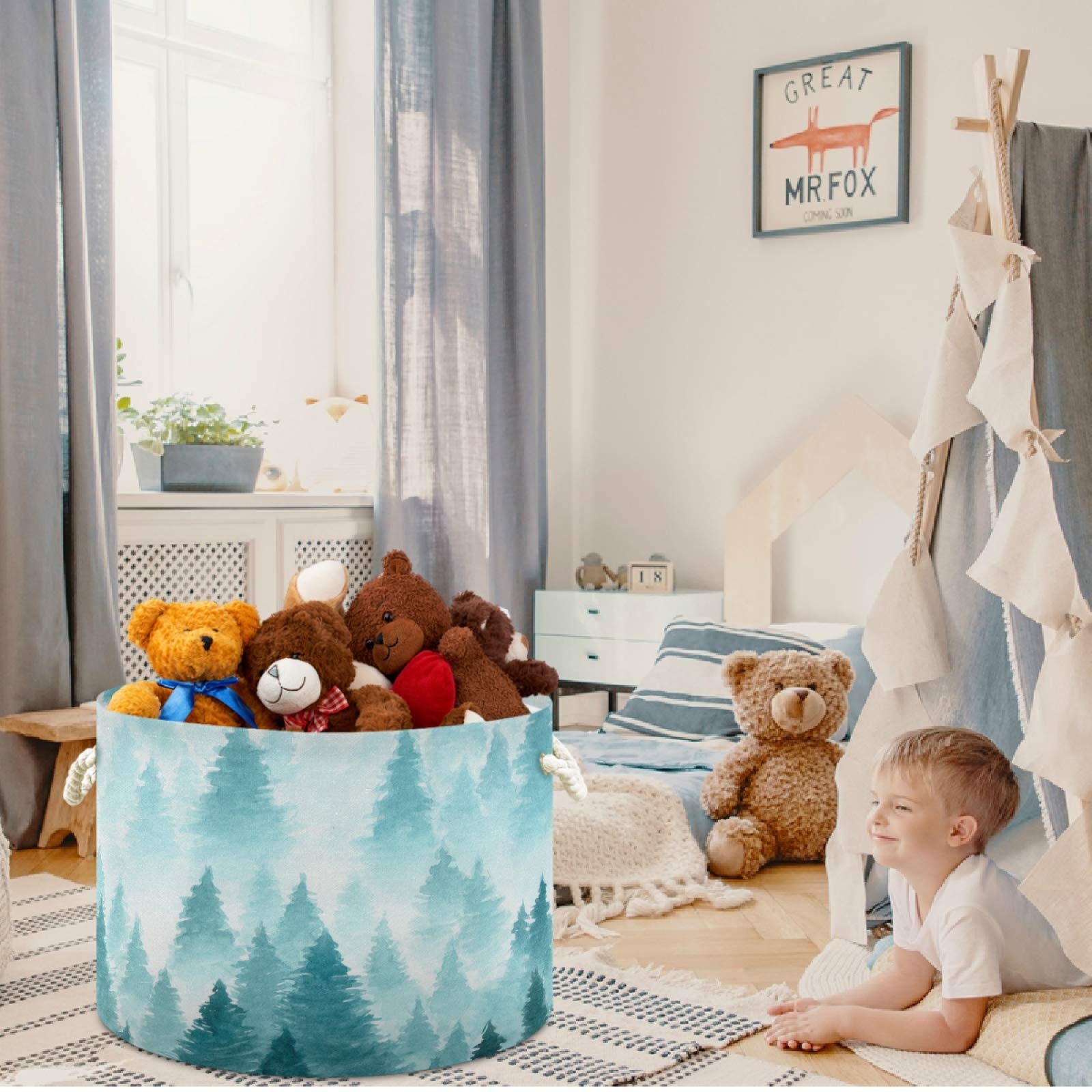 visesunny Storage Basket Blue Forest Nursery Hamper Canvas Fabric Toy Storage Organizer Bin Waterproof Storage Box Laundry Basket for Kid Rooms,Playroom,Shelves,Toy Basket,Gift Basket