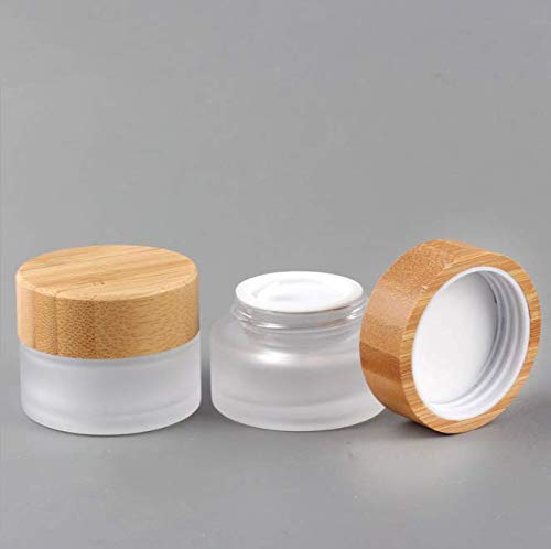 2 Pack 15ml 0.5oz Empty Refillable Round Frosted Glass Cream Jar Cosmetic Storage Container Pot Sample Jars Bottle with Natural Bamboo Lid and Inner Liners for Cream Lotion Lip Balm