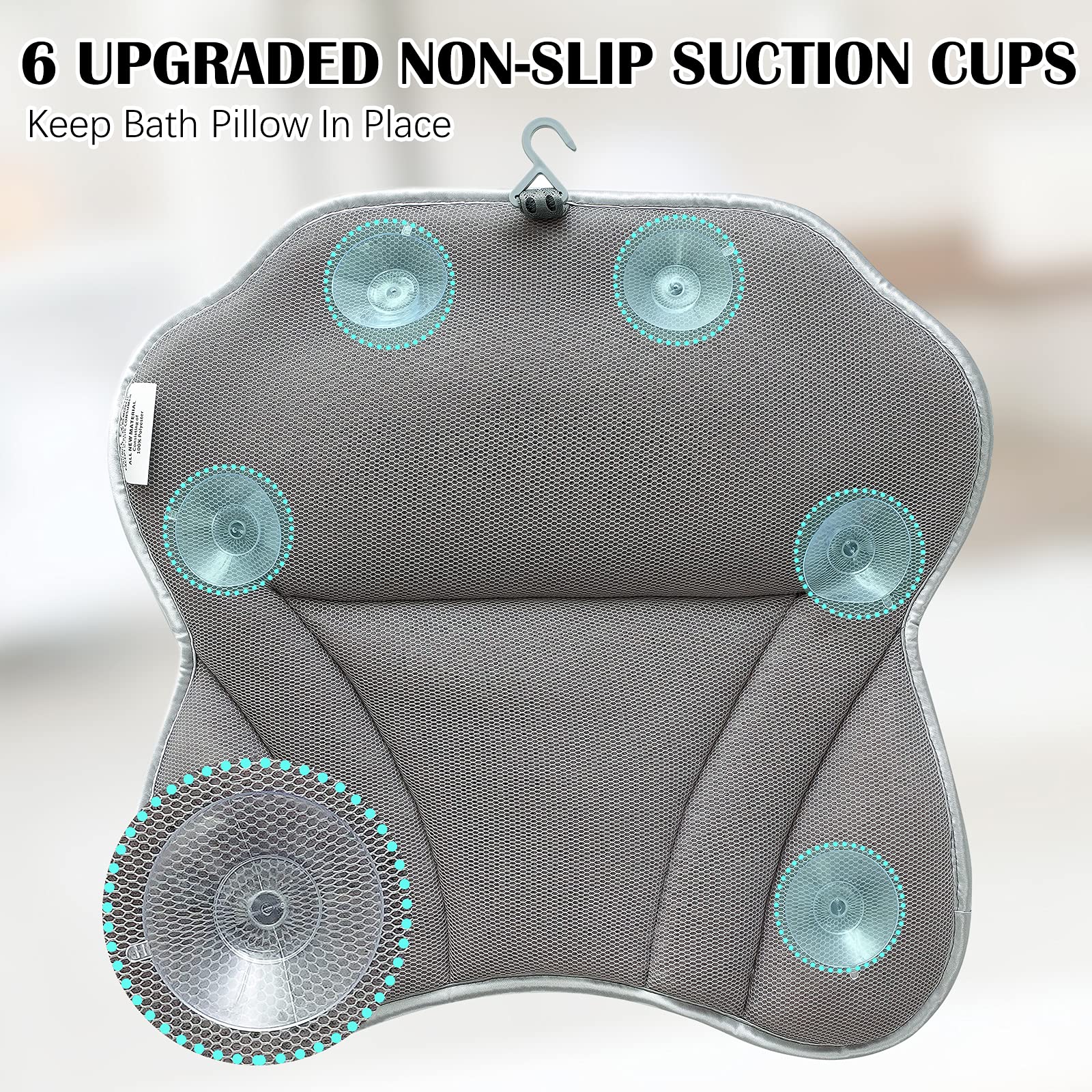 Bath Pillow Spa Bathtub Pillow with Non-Slip Suction Cups, Head, Neck, Back & Shoulder Rest Support, Soft & Luxury Bathtub Cushion, Bath Pillow Fit Hot Tub, Bathtub (Grey 4D Luxury Bath Pillow)