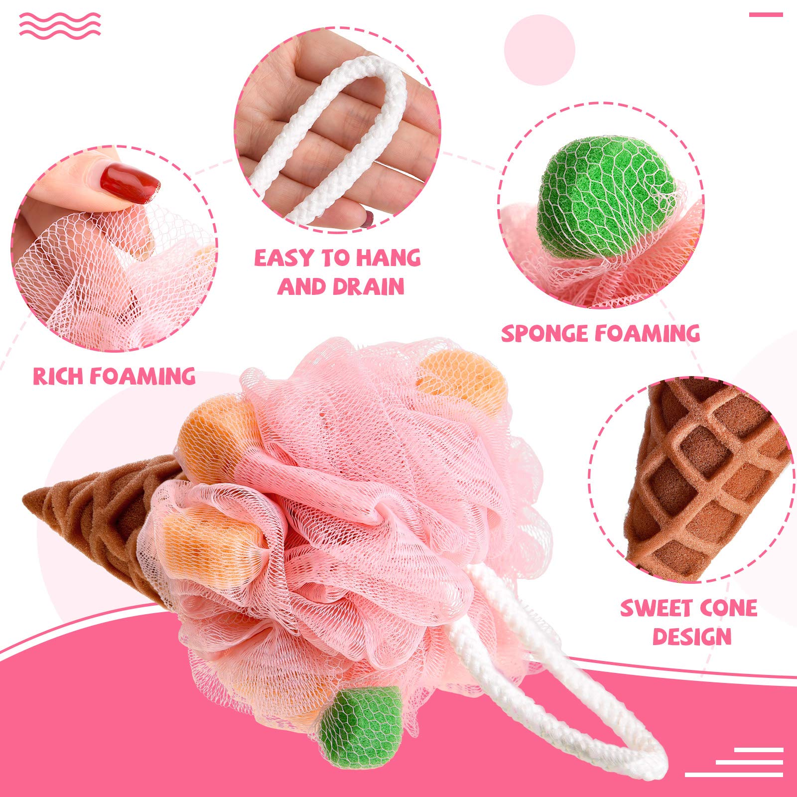 Geiserailie 4 Pieces Kids Loofah Ice Cream Cone Bath Sponge Kids Bath Shower Sponge Body Scrubber Exfoliating Loofah for Spa Shower