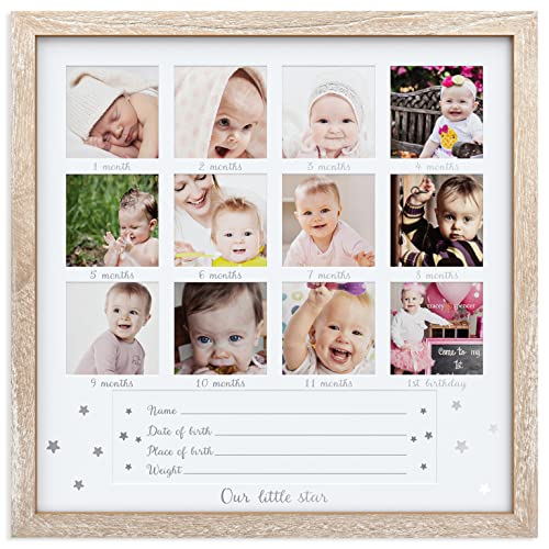 1Dino My First Year Baby Keepsake Picture Frame - 13.2"x 13.2" Rustic Wood Baby Frame Hold 12 Months Photo Inserts - Newborn Baby Registry, Shower Gift for Boys and Girls, Wall or Desk Nursery Decor