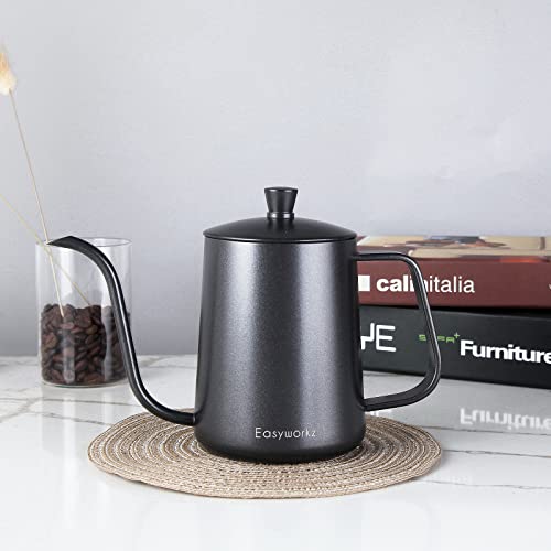 Easyworkz Gage Gooseneck Pour Over Coffee Kettle 20 oz with Thermometer Stainless Steel Hand Drip Coffee Pot With Long Narrow Spout