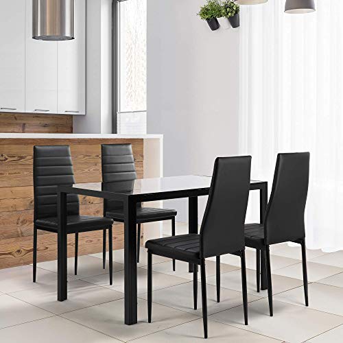 5-Piece Dining Table Set with 4 Faux Leather Chairs, Tempered Glass Tabletop Size 47.25" x 27.5", Black