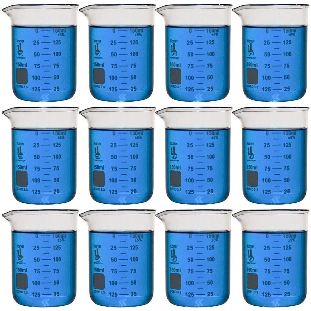 150ml Beaker, Low Form Griffin, Borosilicate 3.3 Glass, Double Scale, Graduated, Karter Scientific 232P2, (Pack of 12)