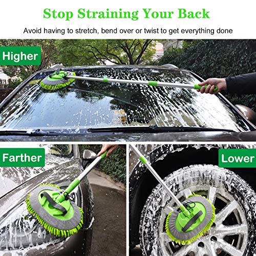 CARCAREZ 3 in 1 Microfiber Car Wash Brush Mop with 45" Aluminum Alloy Long Handle, Silicone Window Squeegee and Scrubber Sponge