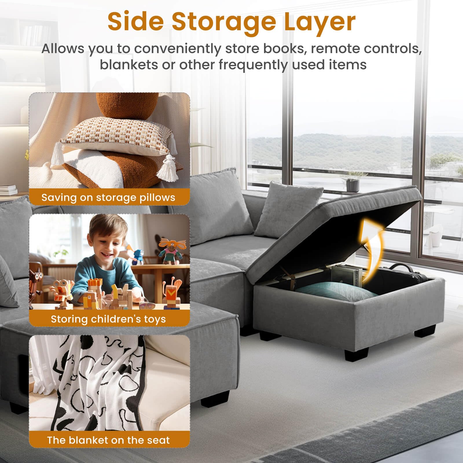 108.7 Inch Convertible U Shape Sectional Sofa, Modern Chenille Fabric, L Shaped 5 Seater Living Room with Chaise, High Support and Soft Foam with Storage and Cat Hole Footstool