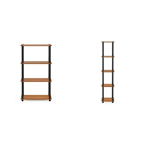 Furinno (99557LC/BK Turn-N-Tube 4-Tier Multipurpose Shelf Display Rack - Light Cherry/Black & Turn-N-Tube 5-Tier Corner Square Rack Display Shelf, Round, Light Cherry/Black