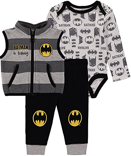 Batman Baby Boys 3 Piece Set Includes Bodysuit, Pants and a Zip-up Vest -0-3 months