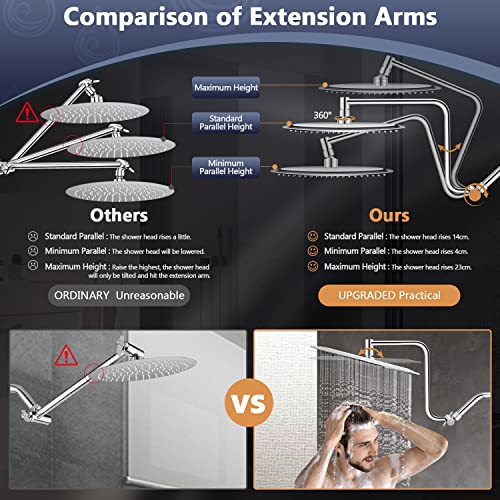 12" Rainfall Shower Head with Handheld Combo, High Pressure Shower Heads with Upgraded 12" Adjustable Curved Shower Extension Arm, 6 Settings Handheld Shower Head Built-in Power Wash Anti-leak(Chrome)