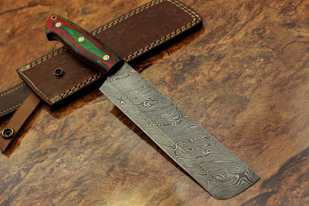 12.5" hand forged Damascus steel Nakiri knife, kitchen knife, vegetable knife, 2 tone Green & Maroon wood scale, Cow hide Leather sheath with belt loop